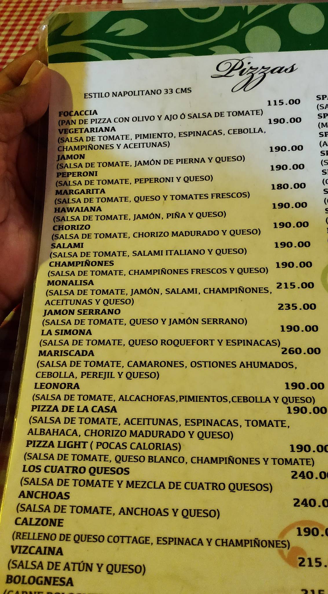 Carta del restaurante Mozzarella, Veracruz, Paseo José Martí 148