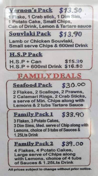 Menu at Vernon's Fish & Chippery restaurant, South Kingsville