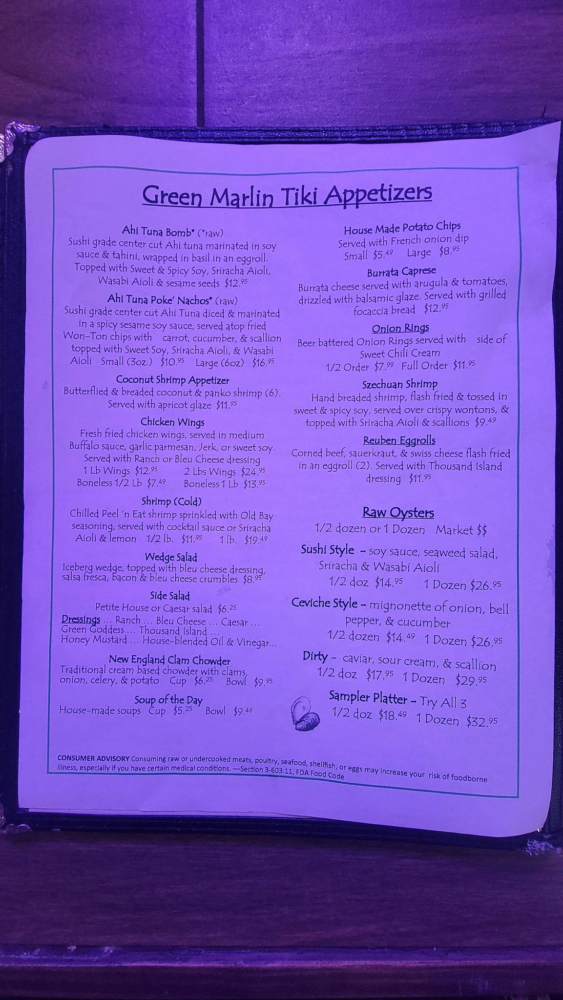 Menu at Green Marlin pub & bar, Vero Beach