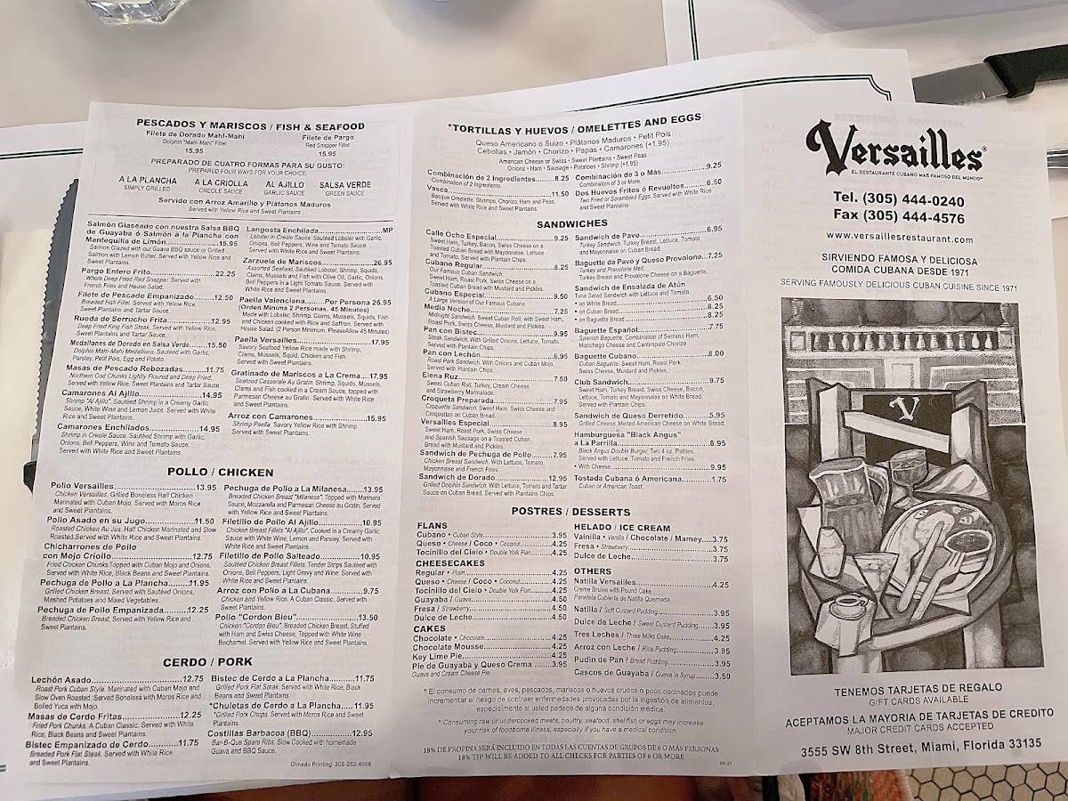 Menu at Versailles Restaurant Cuban Cuisine, Miami, SW 8th St