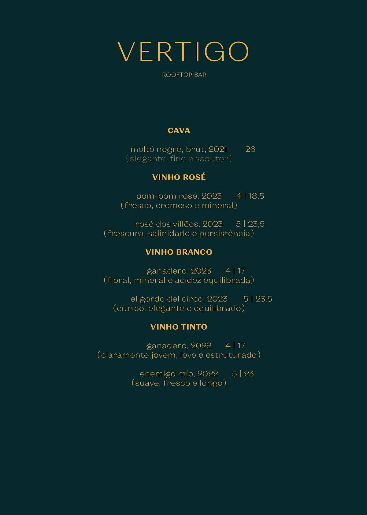 Menu em Vertigo Rooftop Bar, Leiria