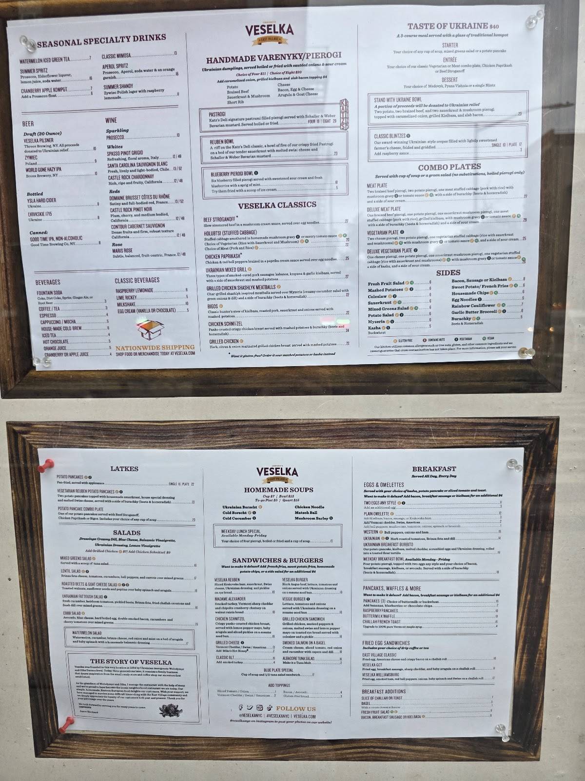 Menu at Veselka restaurant, New York City, 144 2nd Ave