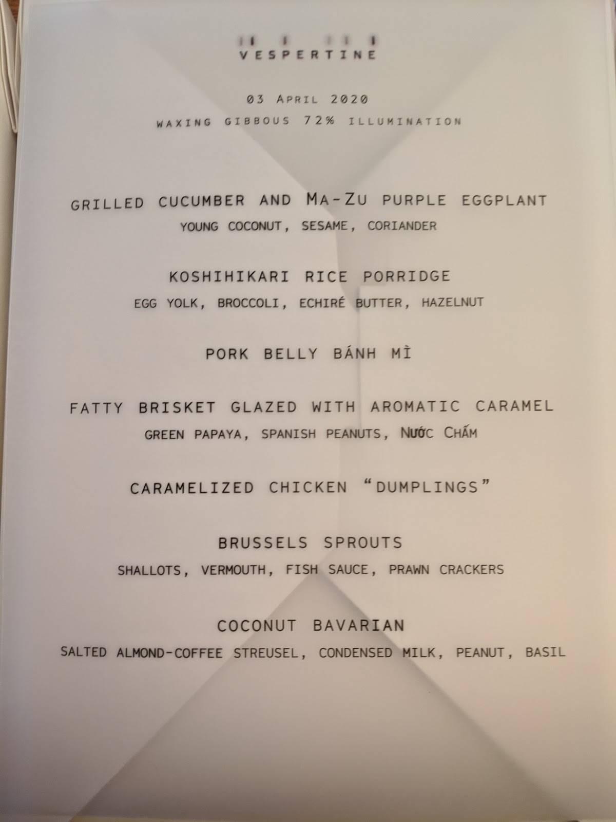Menu at Vespertine restaurant, Culver City