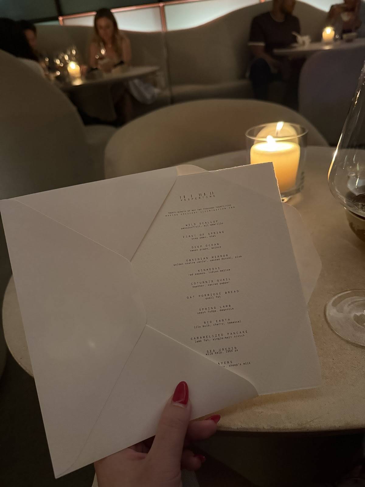 Menu at Vespertine restaurant, Culver City