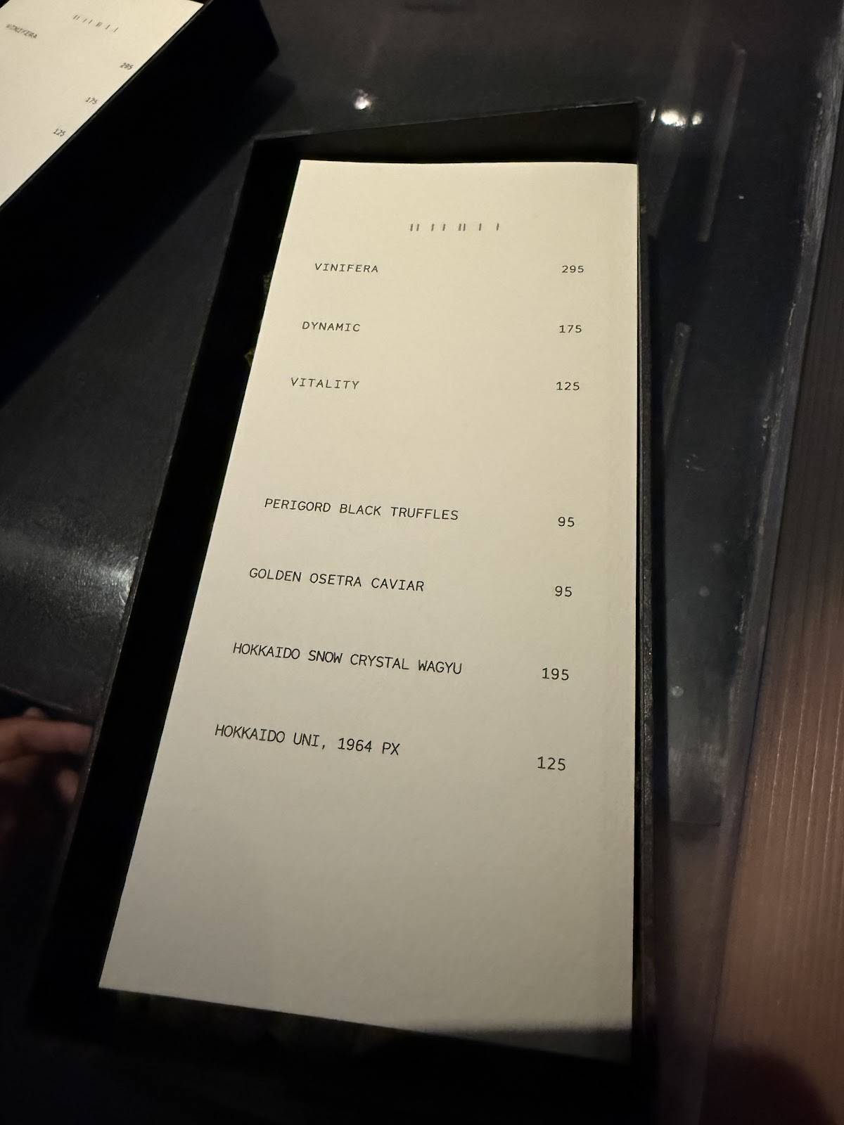 Menu at Vespertine restaurant, Culver City