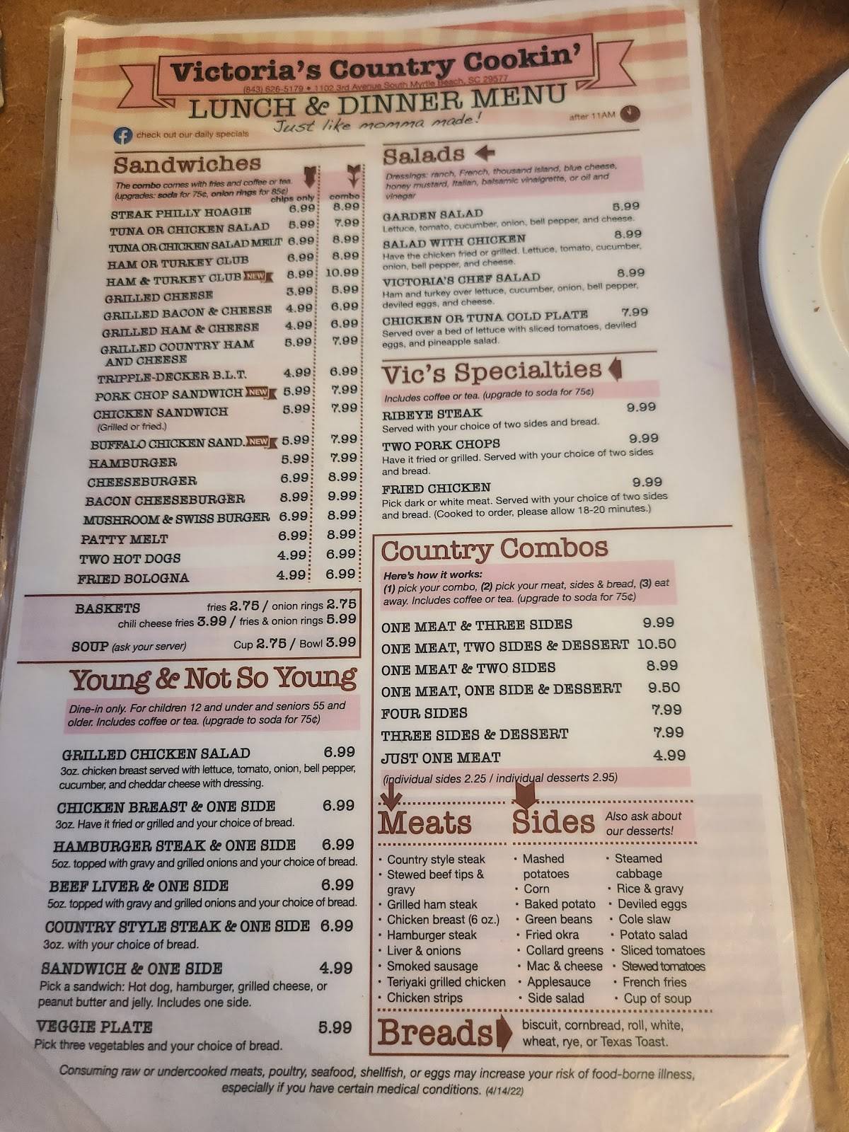 Menu at Victoria’s Country Cookin’ restaurant, Myrtle Beach