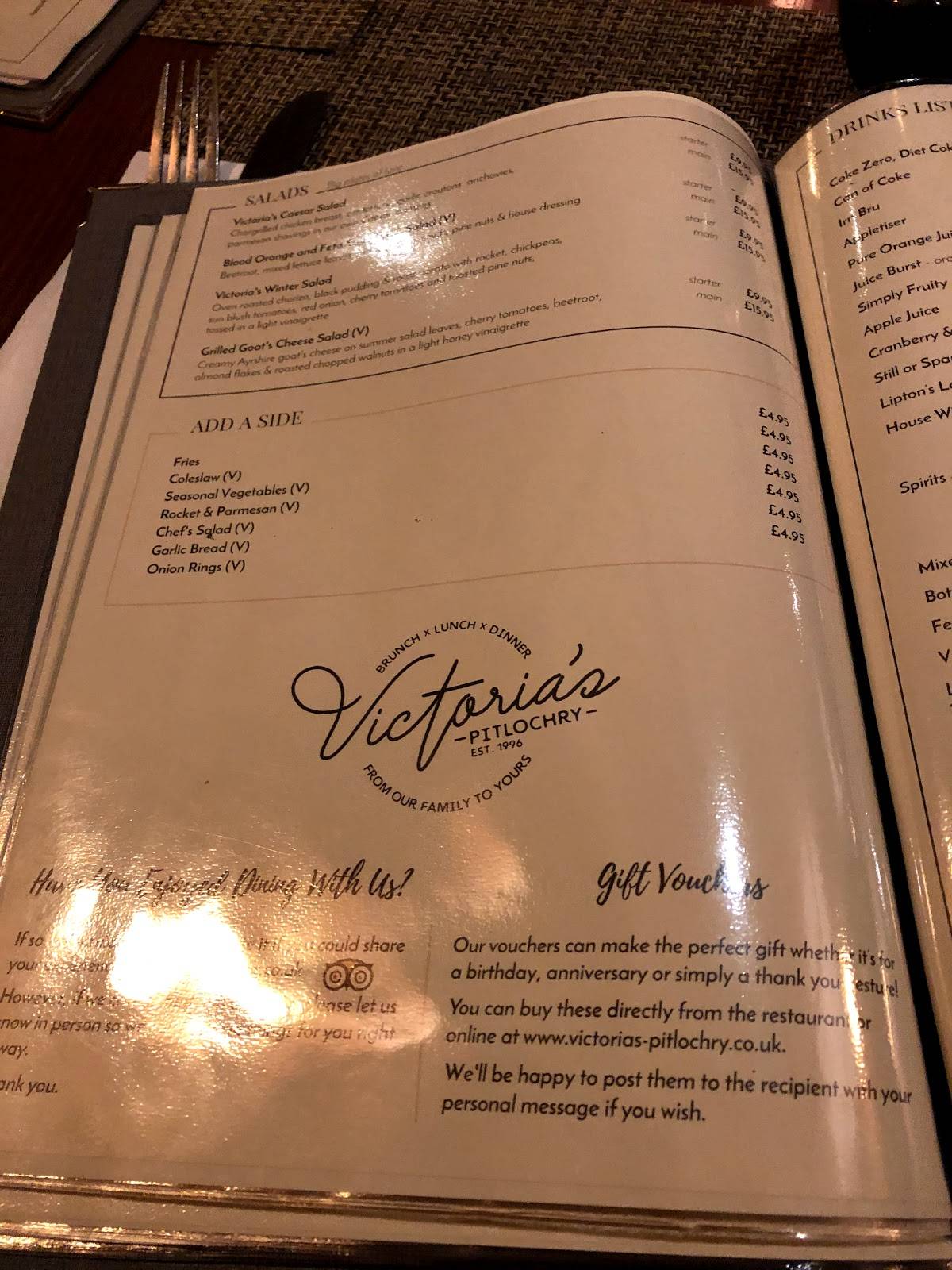 Menu at Victoria's Restaurant, Pitlochry