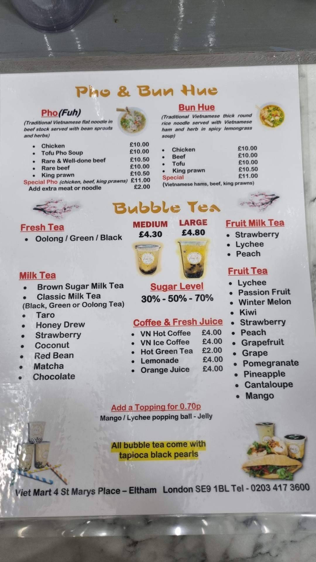 Menu at Viet Mart restaurant, London