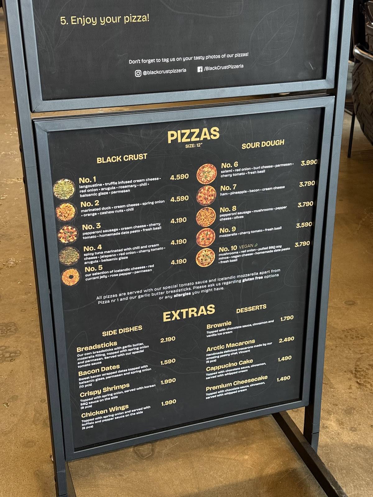 Menu at Black Crust Pizzeria, Vik