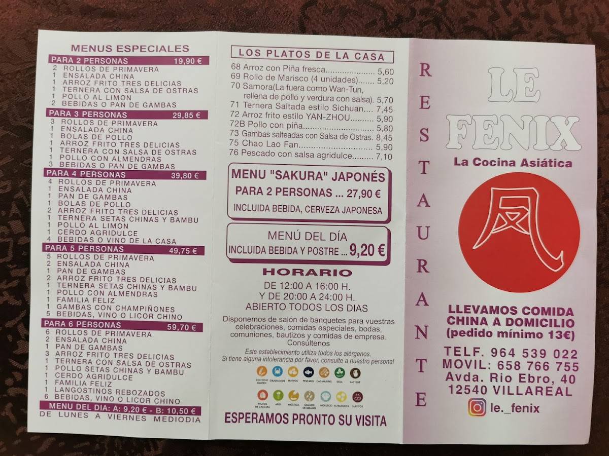 Carta de Restaurante El Fénix, Vila-real
