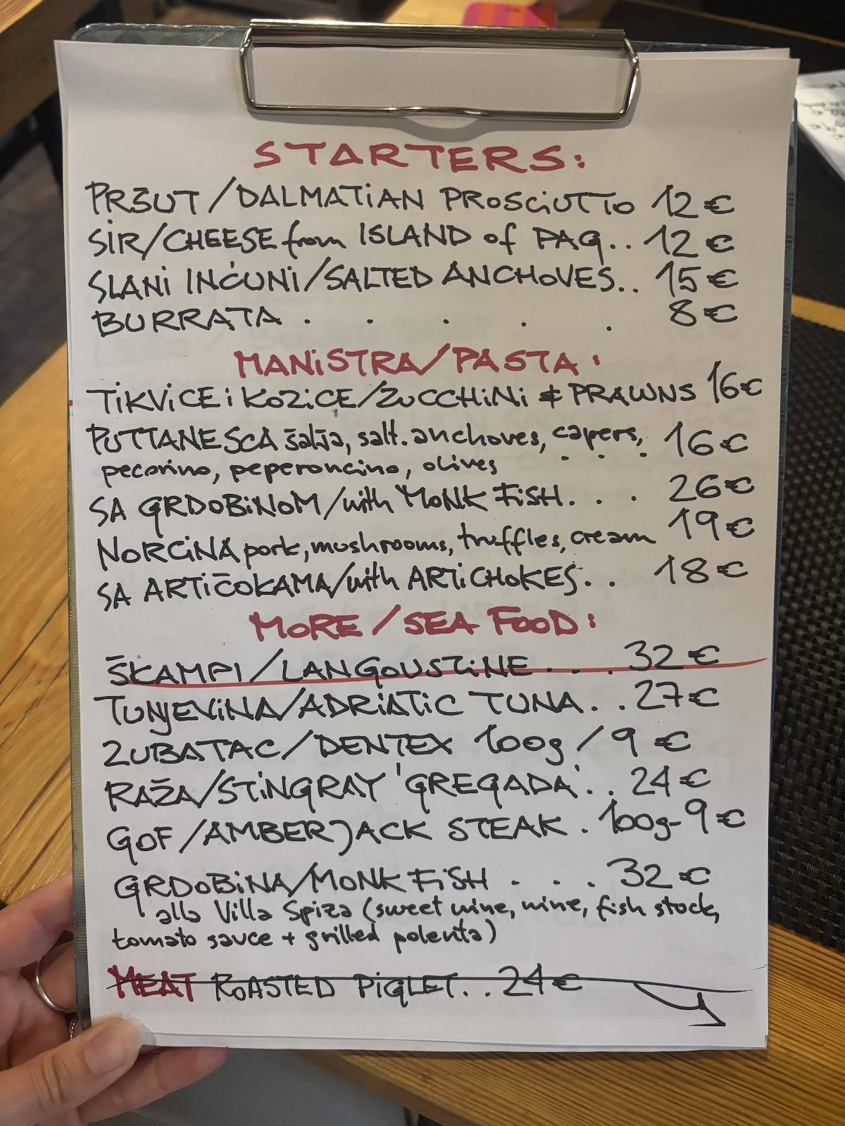 Menu at Villa Spiza restaurant, Split