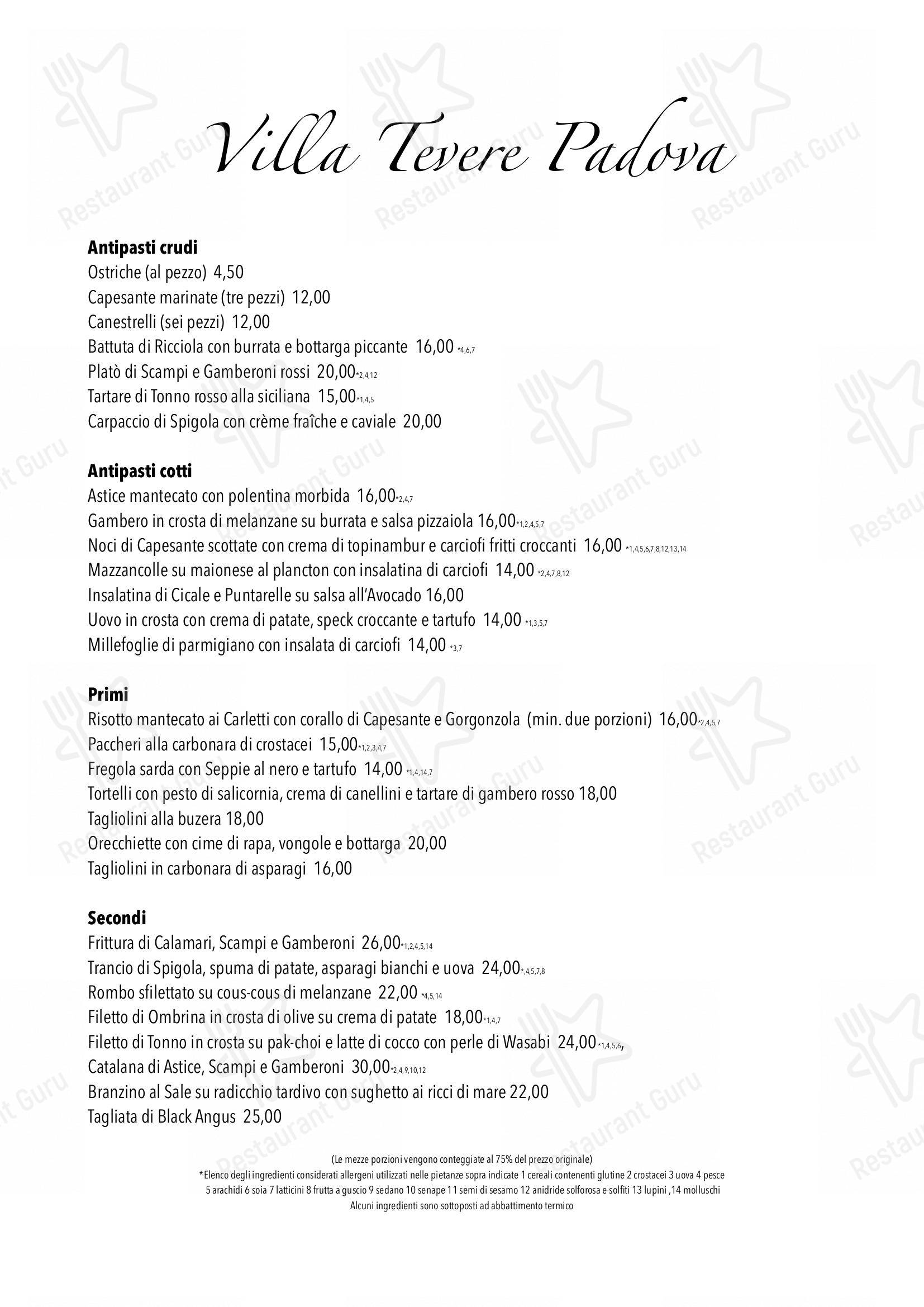 Speisekarte von Villa Tevere restaurant, Padua, Via Tevere