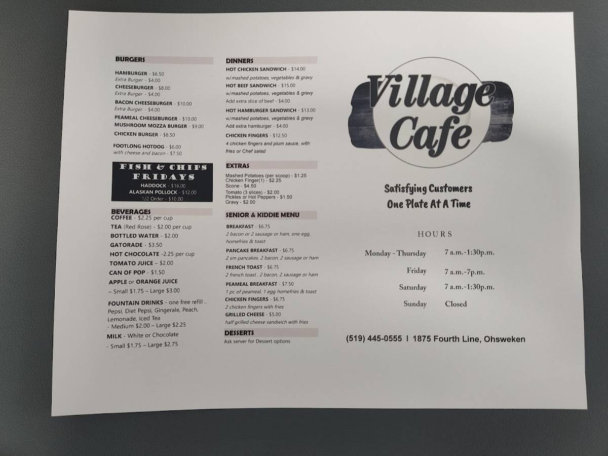 Menu at Village Cafe, Ohsweken