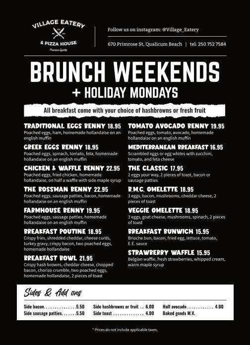Menu at Village Eatery cafe, Qualicum Beach