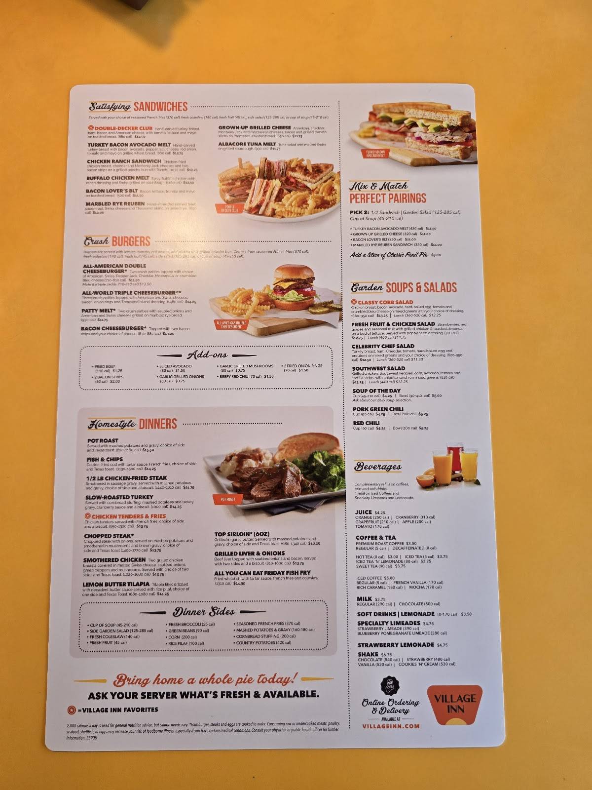 Menu at Village Inn restaurant, Titusville