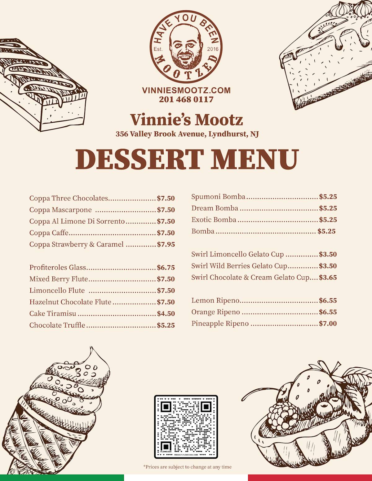 Menu at Vinnie's Mootz restaurant, Lyndhurst