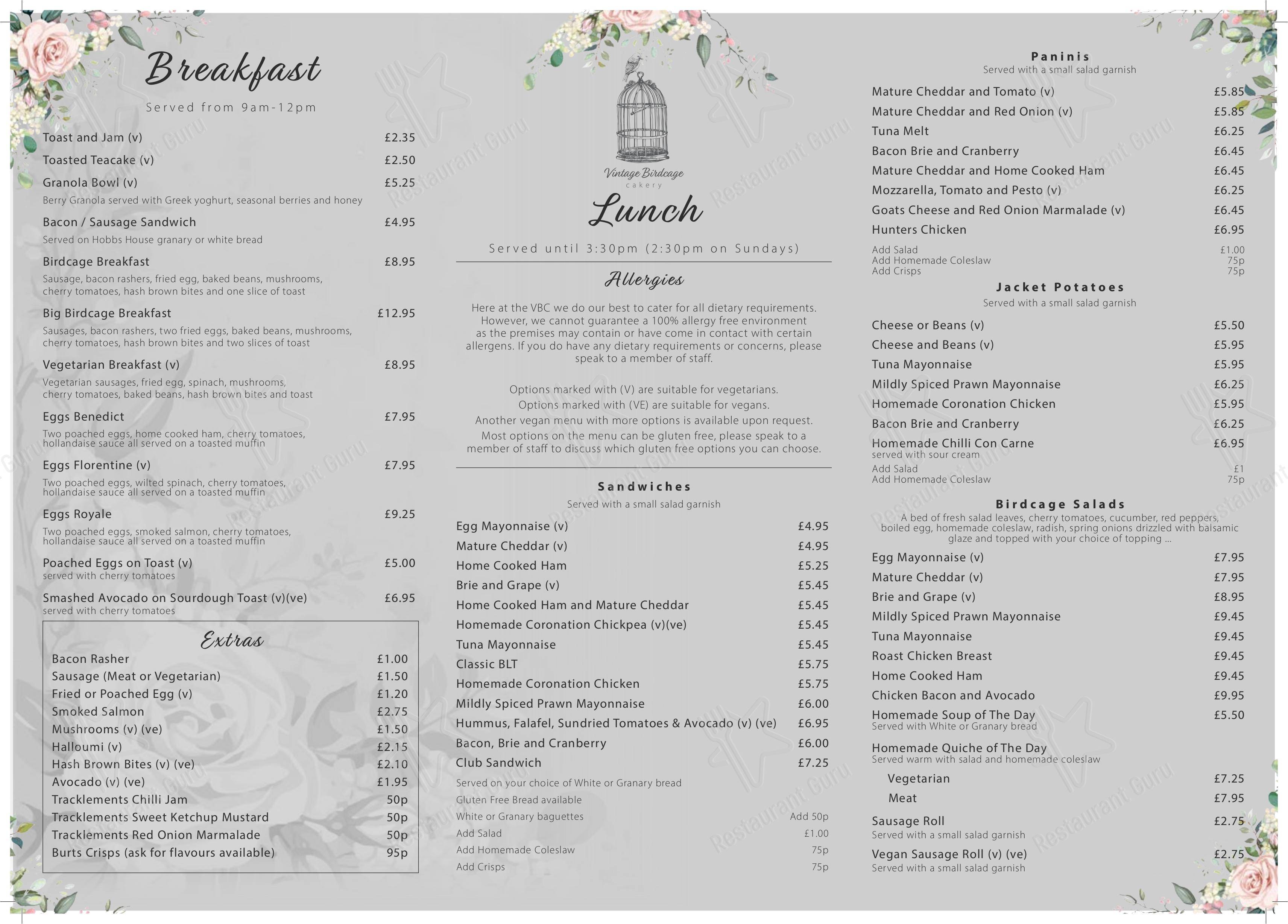 Menu at Vintage Birdcage Cakery cafe, Bristol