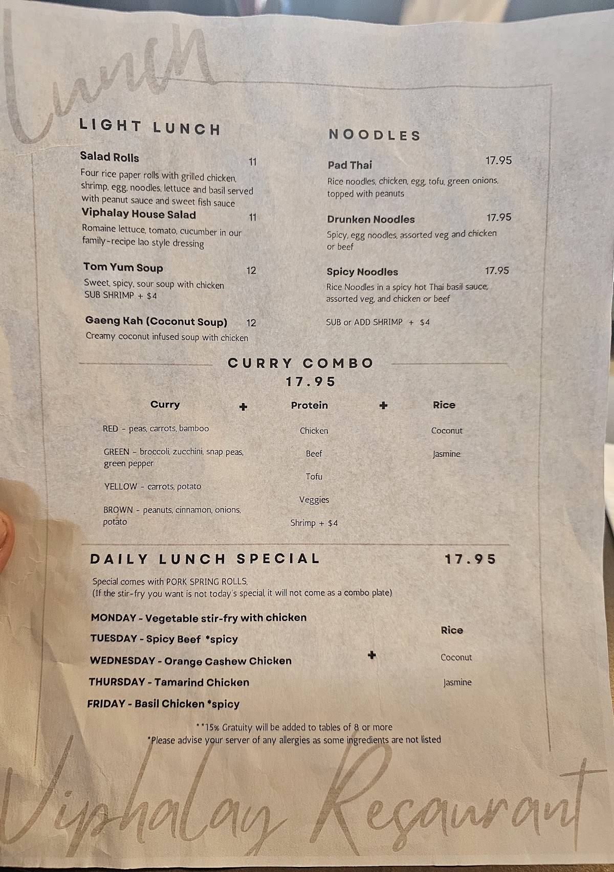 Menu at Viphalay Laos & Thai Restaurant, Edmonton, 99 Ave