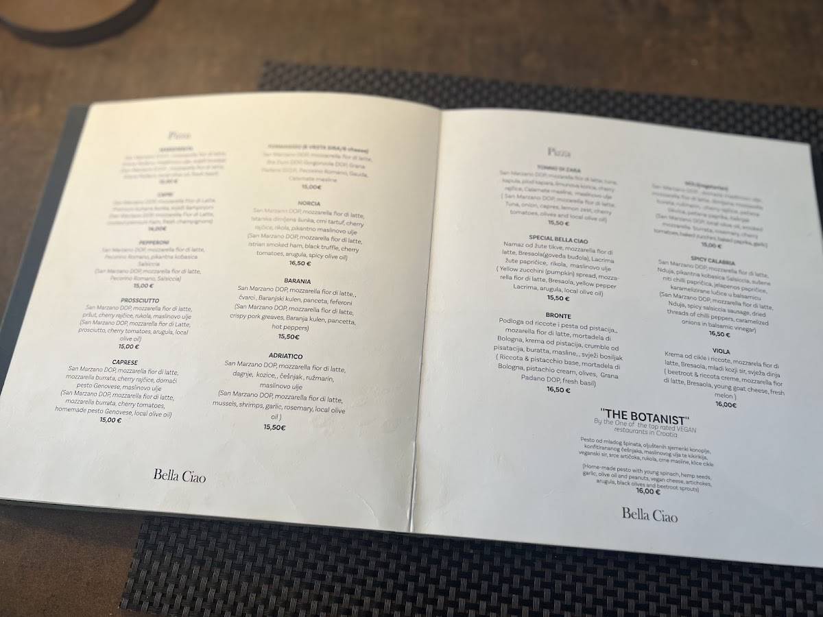 Menu au Bella Ciao restaurant, Vir