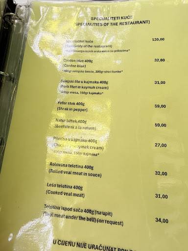 Menu at Vrbas restaurant, Banja Luka