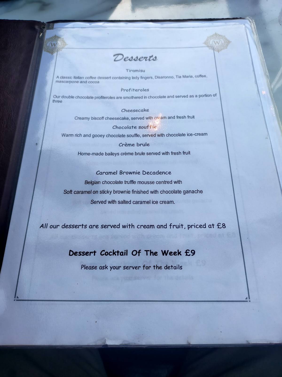 Menu at W- Italian restaurant, Rotherham