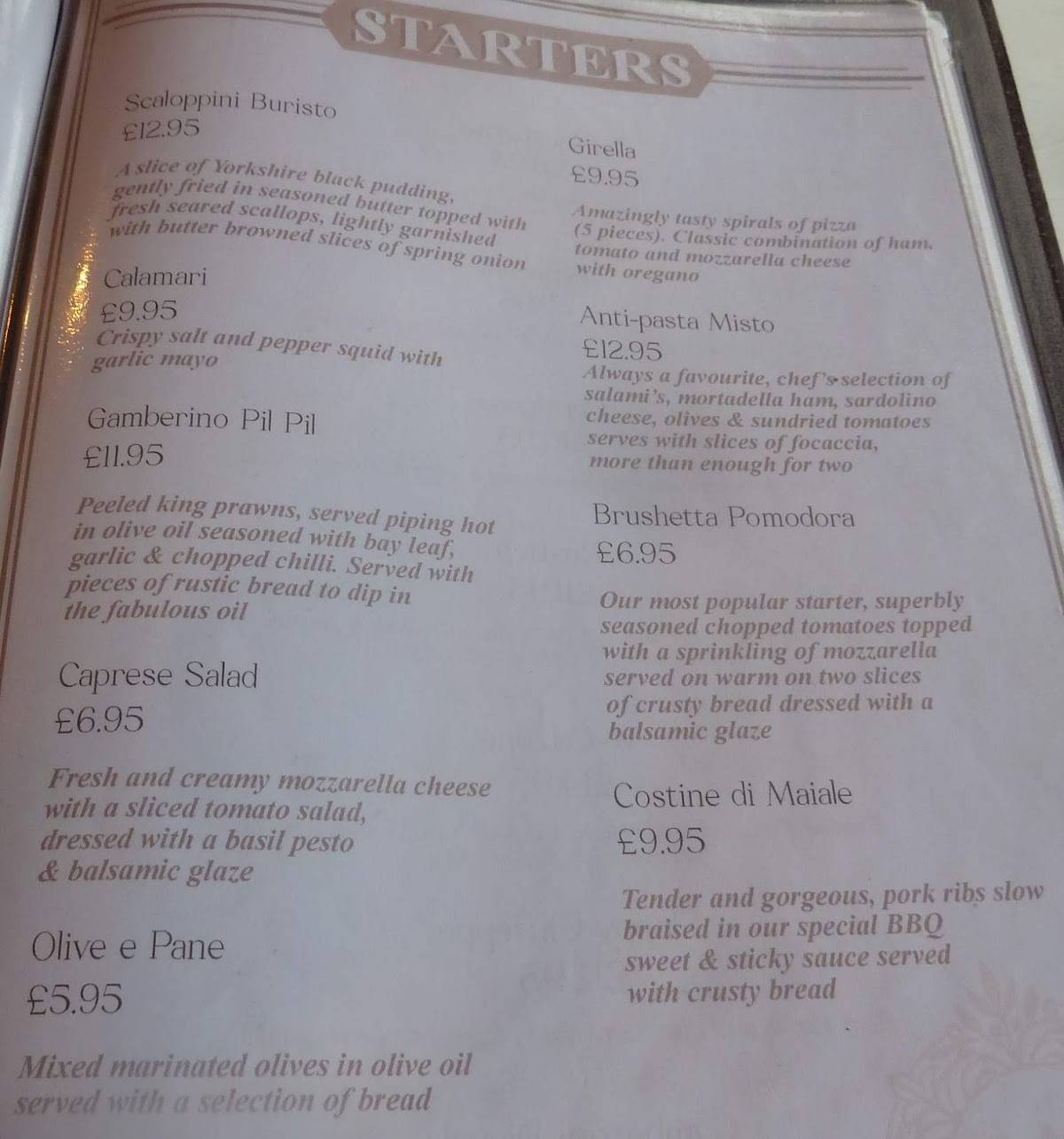 Menu at W- Italian restaurant, Rotherham
