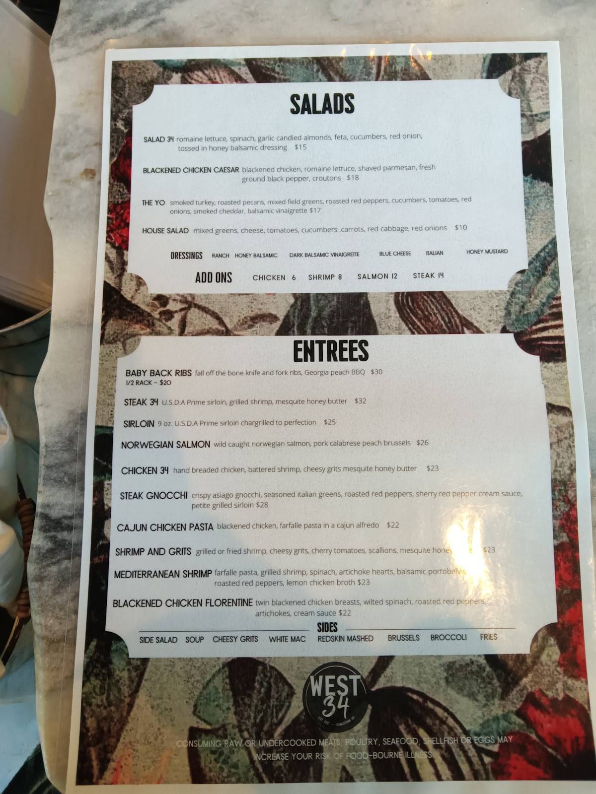 Menu at WEST 34 restaurant, Youngstown