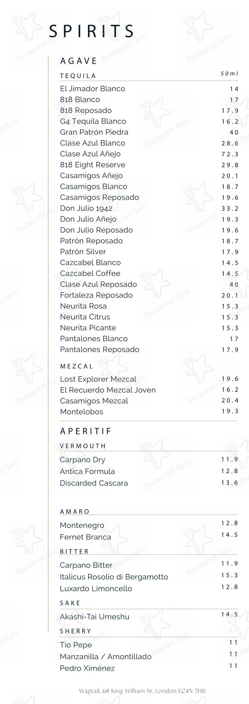Menu at Wagtail pub & bar, London