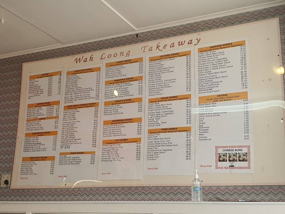 Menu at Wah Loong Restaurant, Wellington