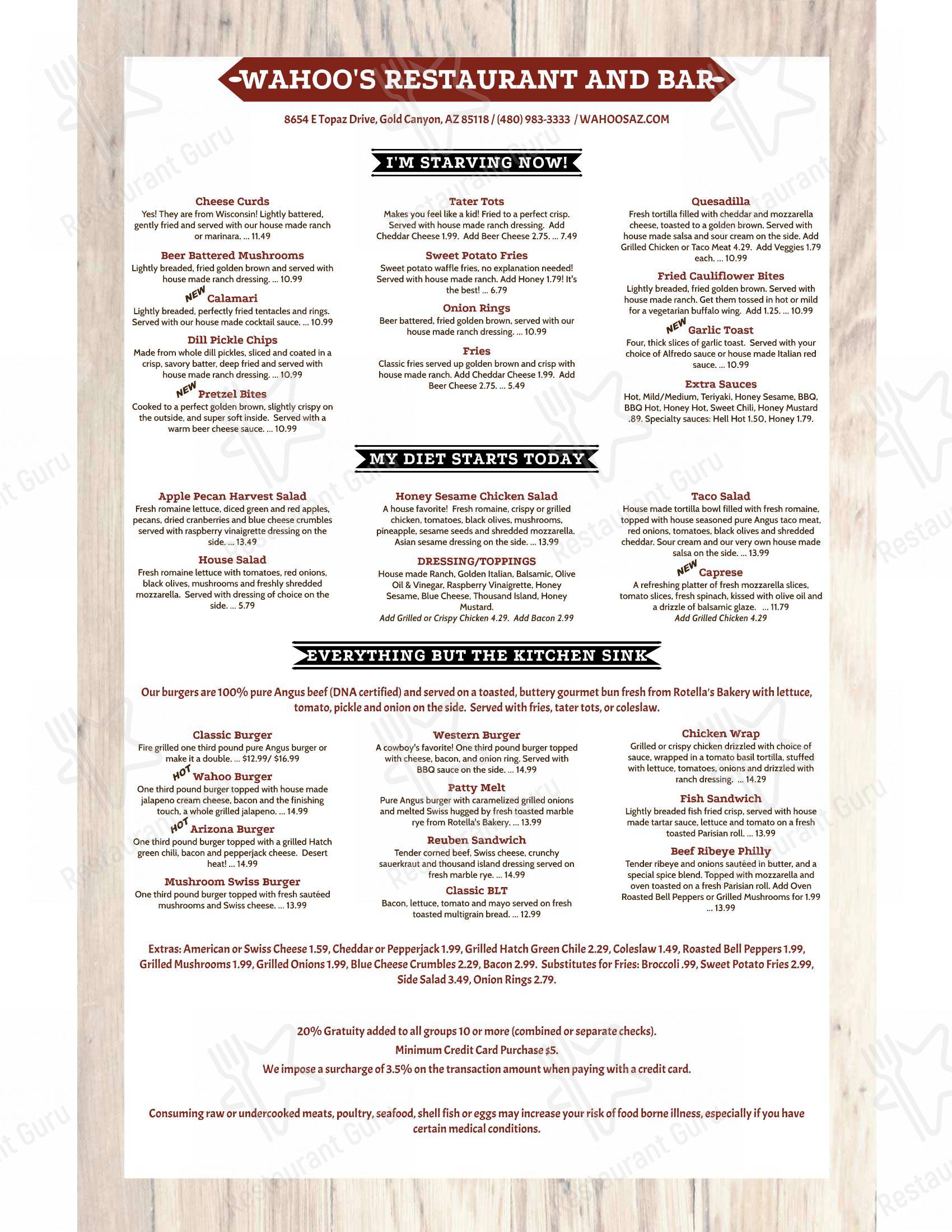 Menu at Wahoo's Restaurant & Bar, Gold Canyon, E E Topaz Dr
