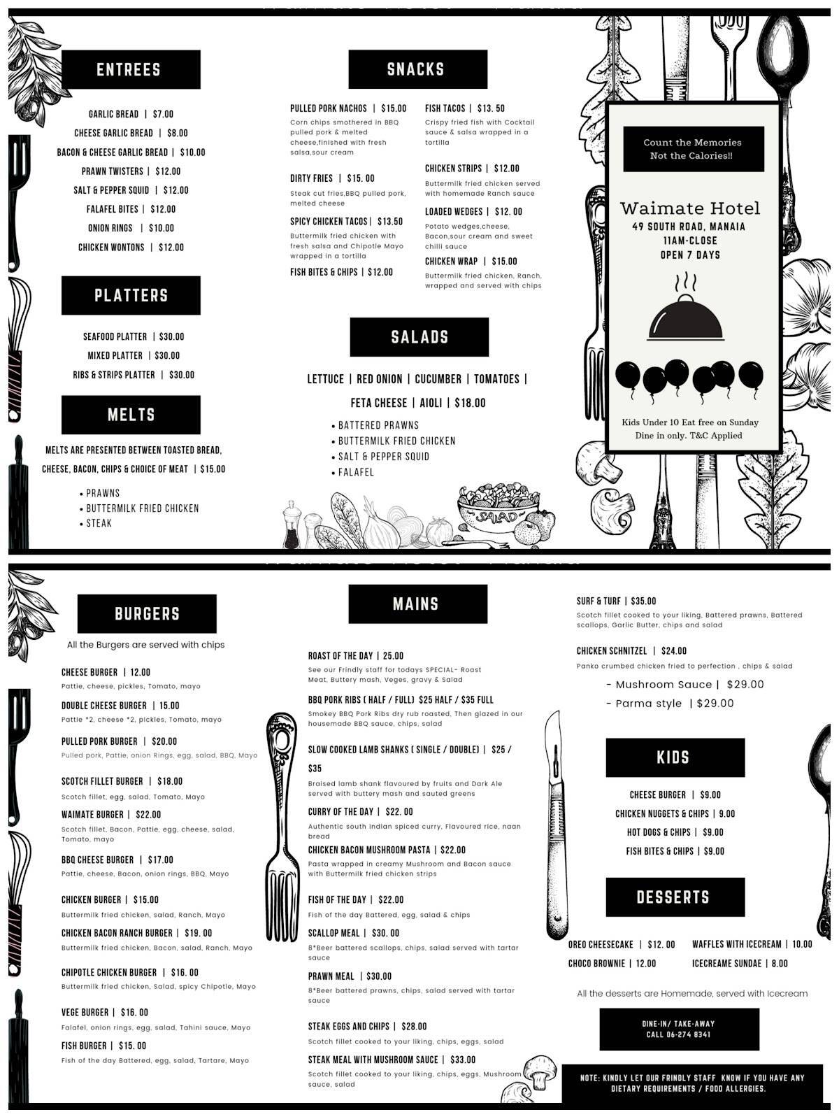Menu at Waimate Hotel-Manaia pub & bar, Manaia