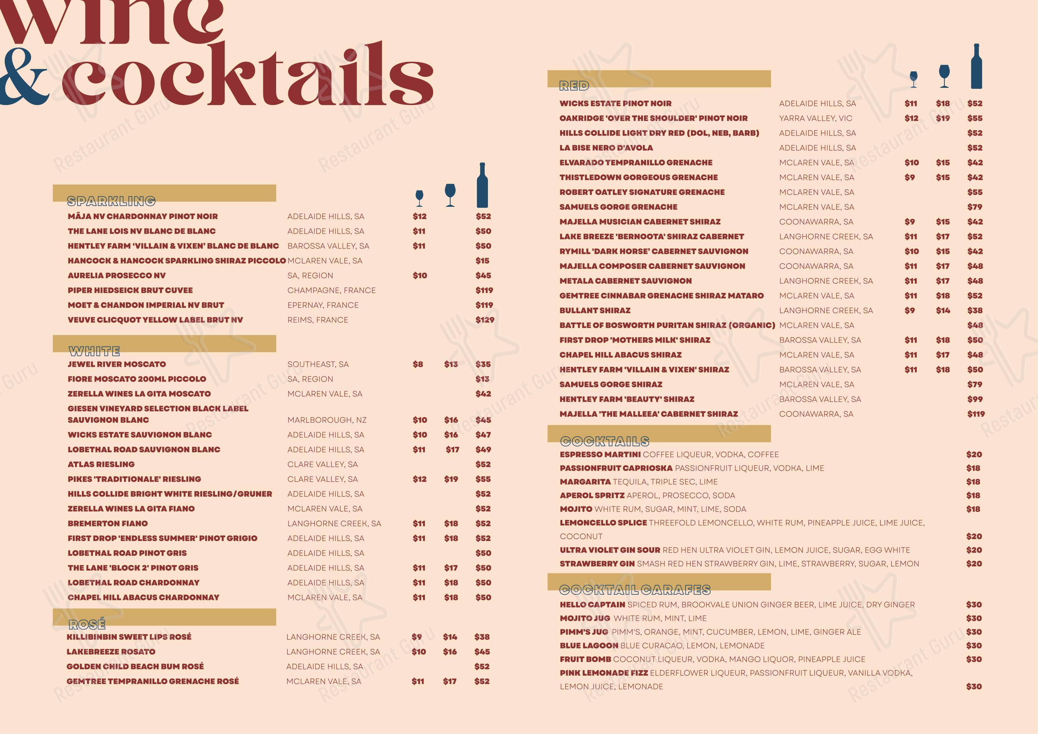 Menu at Walkers Arms Hotel pub & bar, Walkerville