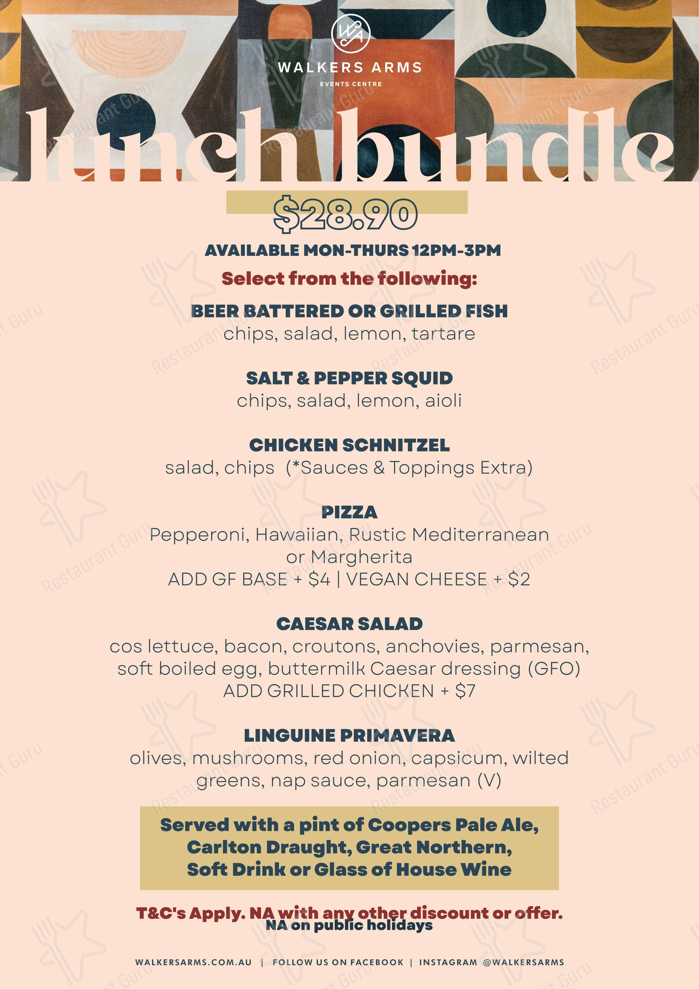 Menu at Walkers Arms Hotel pub & bar, Walkerville