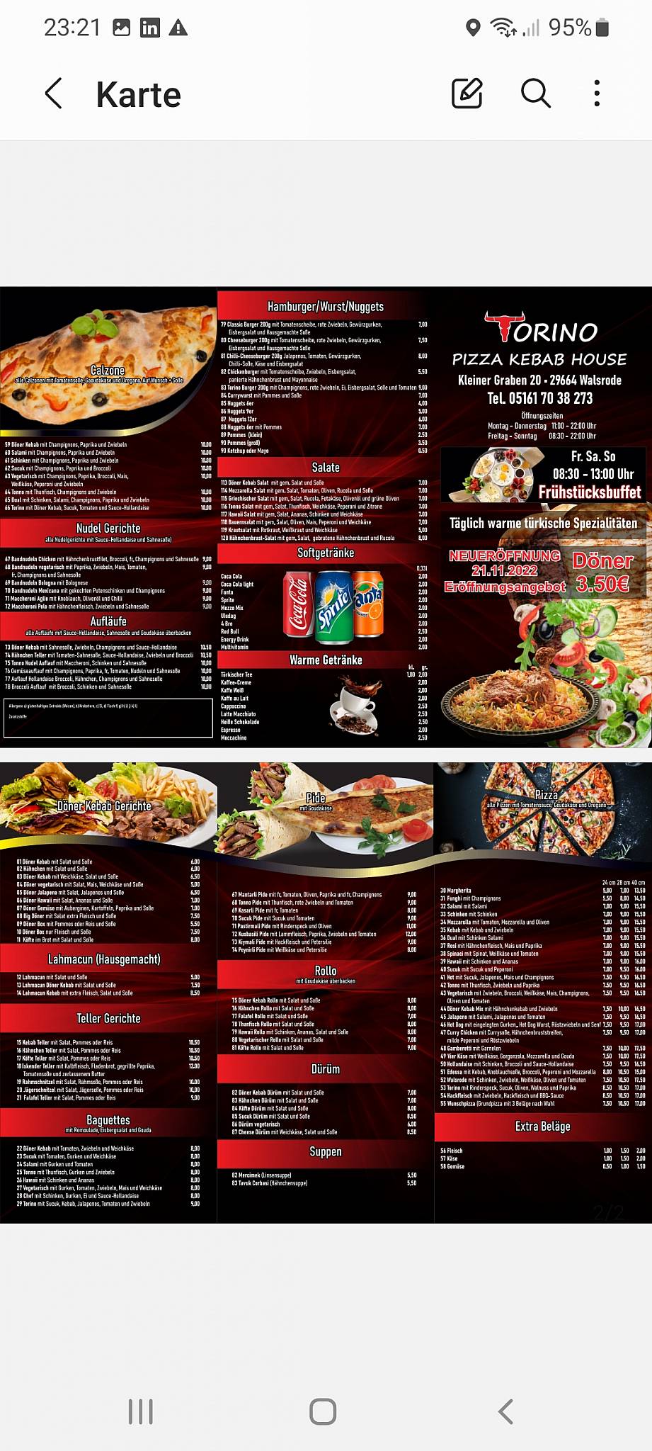 Speisekarte von Torino Pizza Kebap House Walsrode, Walsrode