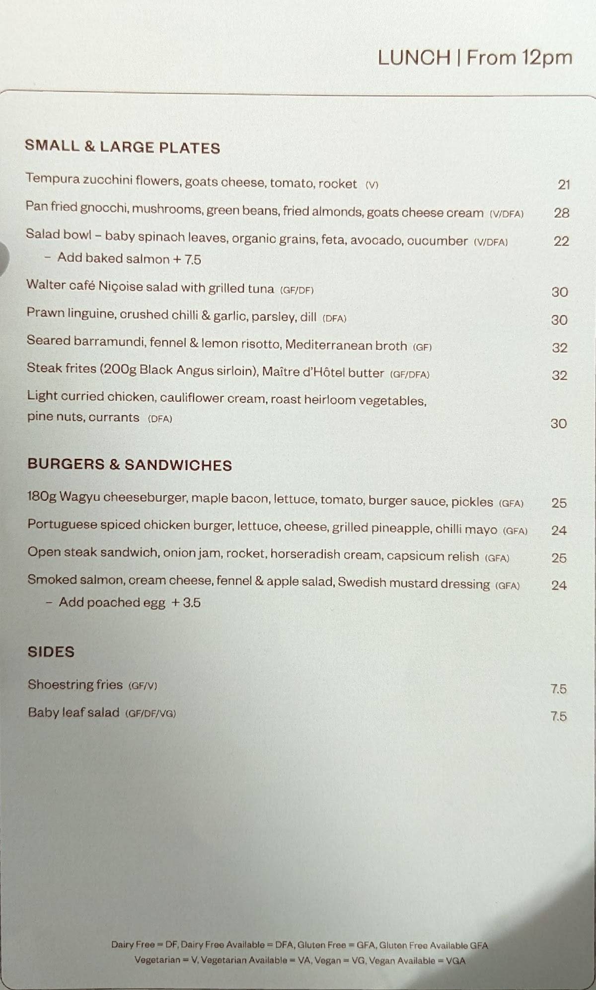 Menu at Walter Cafe, Parkes
