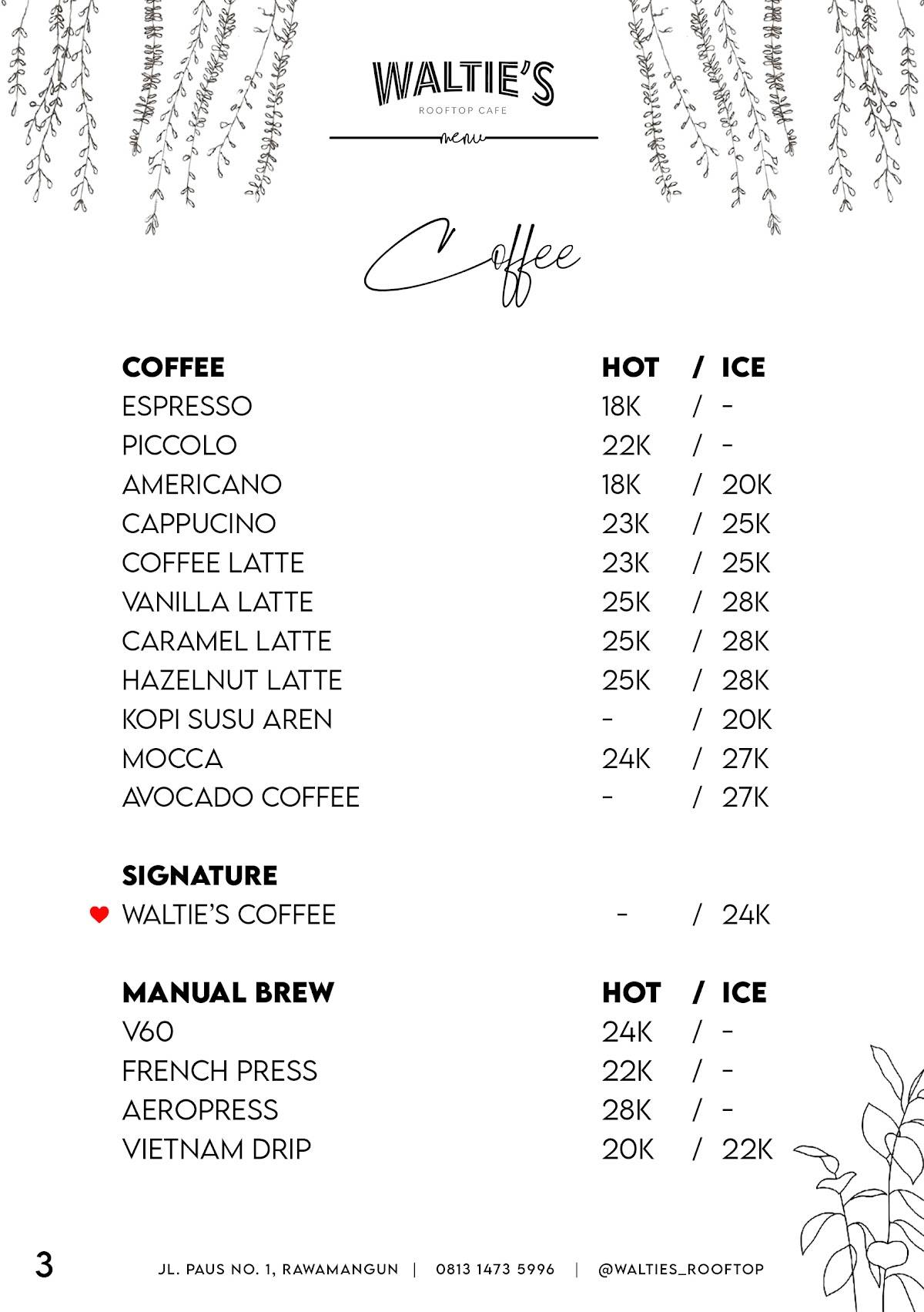 Carta de Waltie's Rooftop Cafe, Yakarta