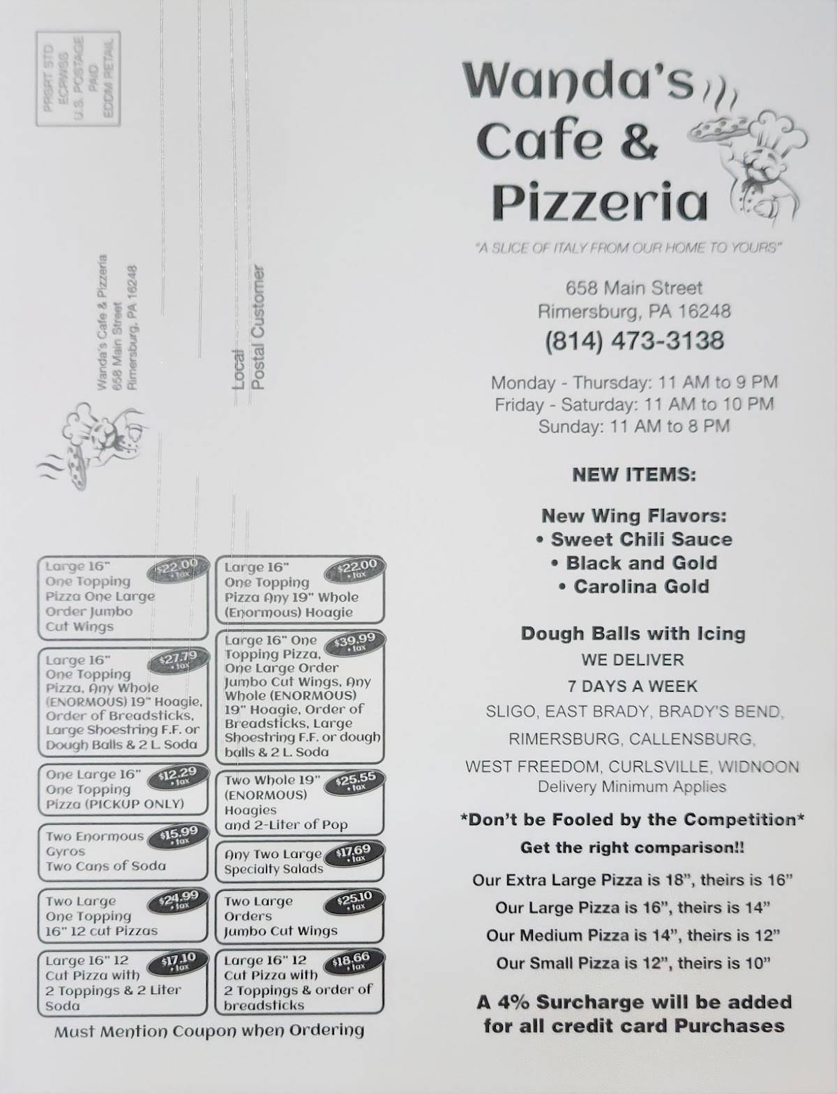 Menu at Wandas Cafe And Pizzeria, Rimersburg
