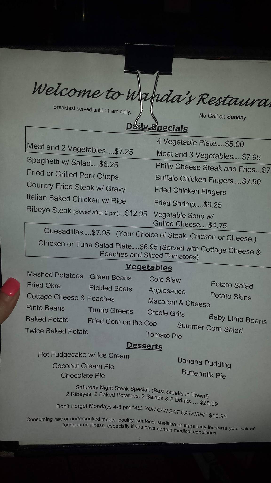 Menu at Wanda's Restaurant, Rock Spring