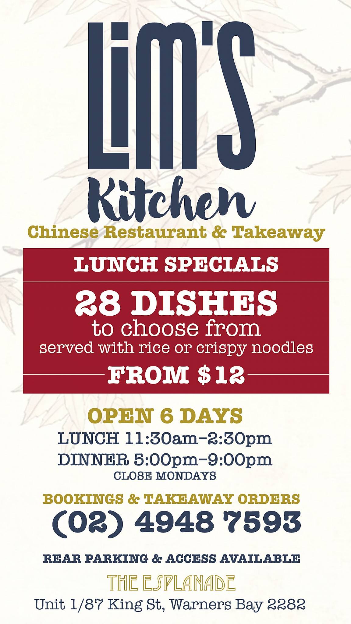 Menu at Lim's Kitchen restaurant, Warners Bay
