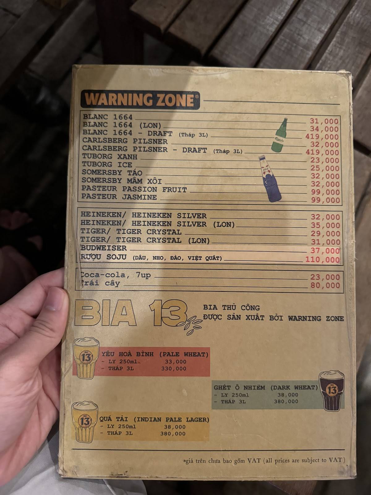 Menu at Warning Zone 223 restaurant, Ho Chi Minh City