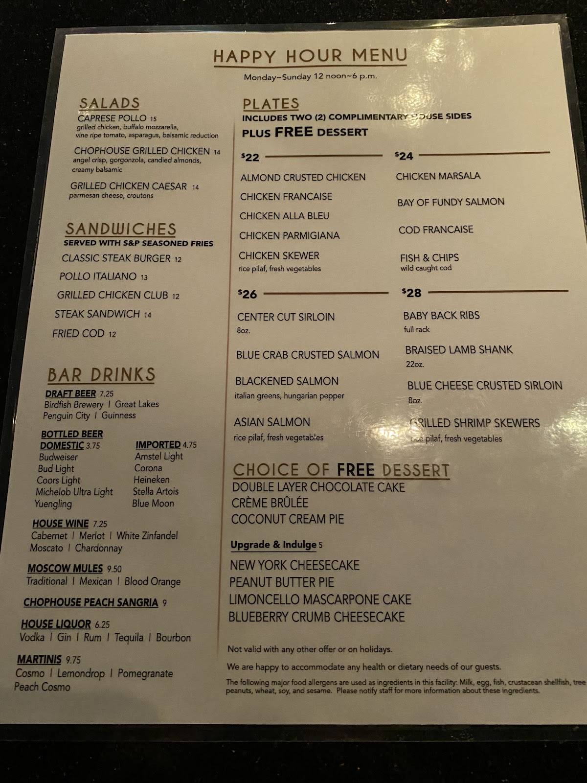 Menu at The Chophouse steakhouse, Warren
