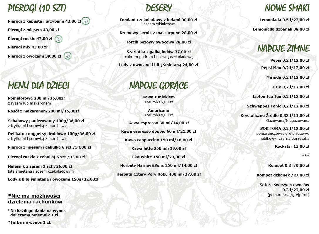 Menu at Siwy Dym restaurant, Warsaw