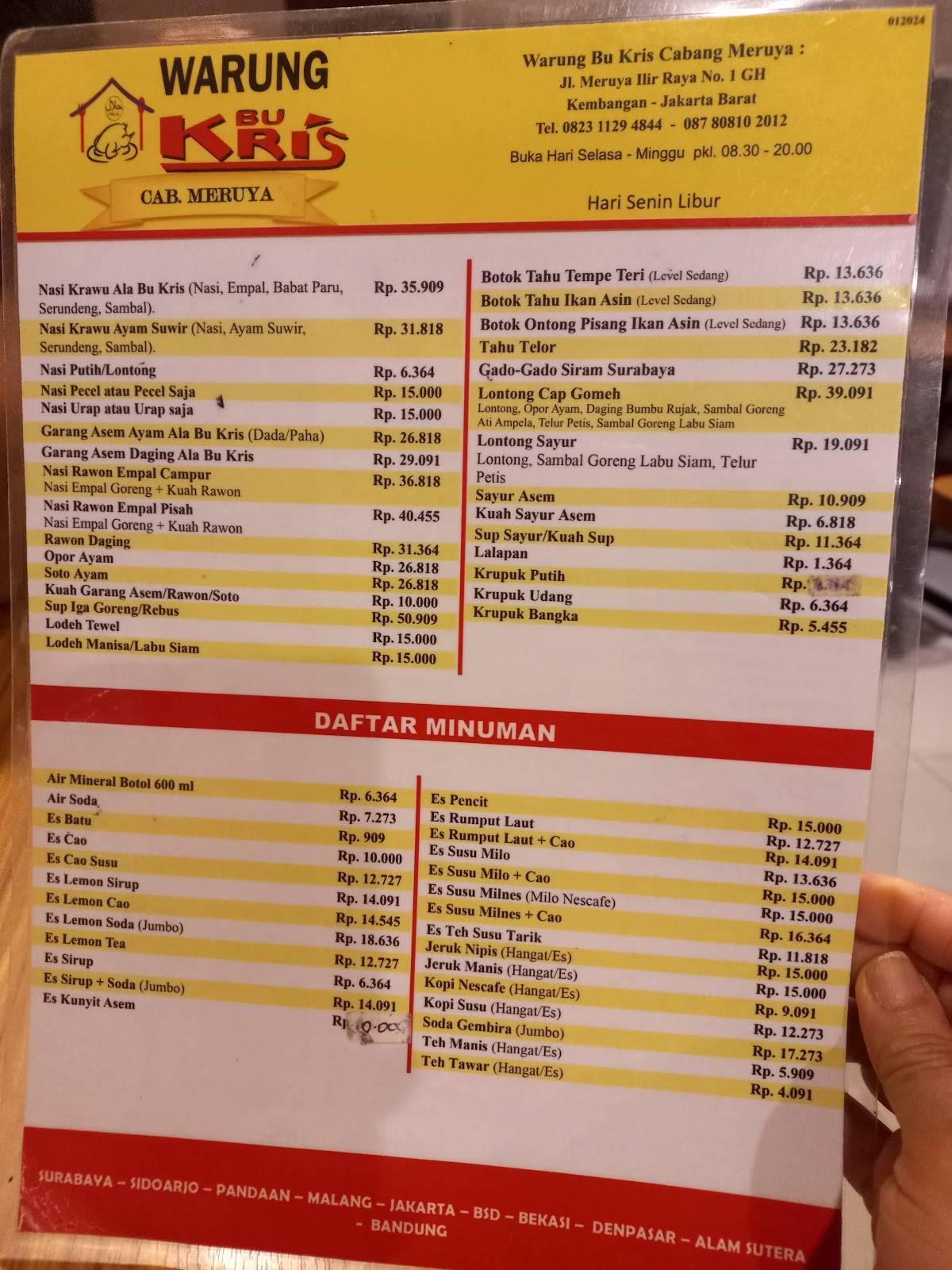 Menu at Warung Bu Kris restaurant, West Jakarta, Jl. Meruya Ilir Raya ...