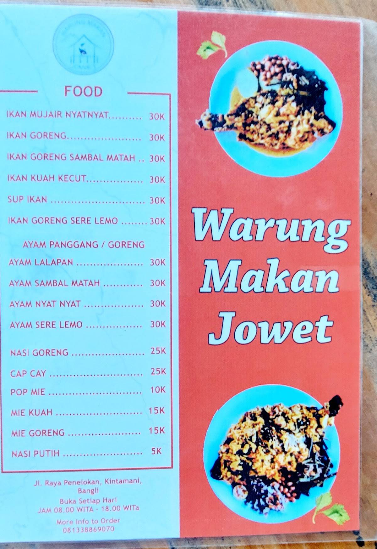 Menu at Warung Jowet restaurant, Kintamani