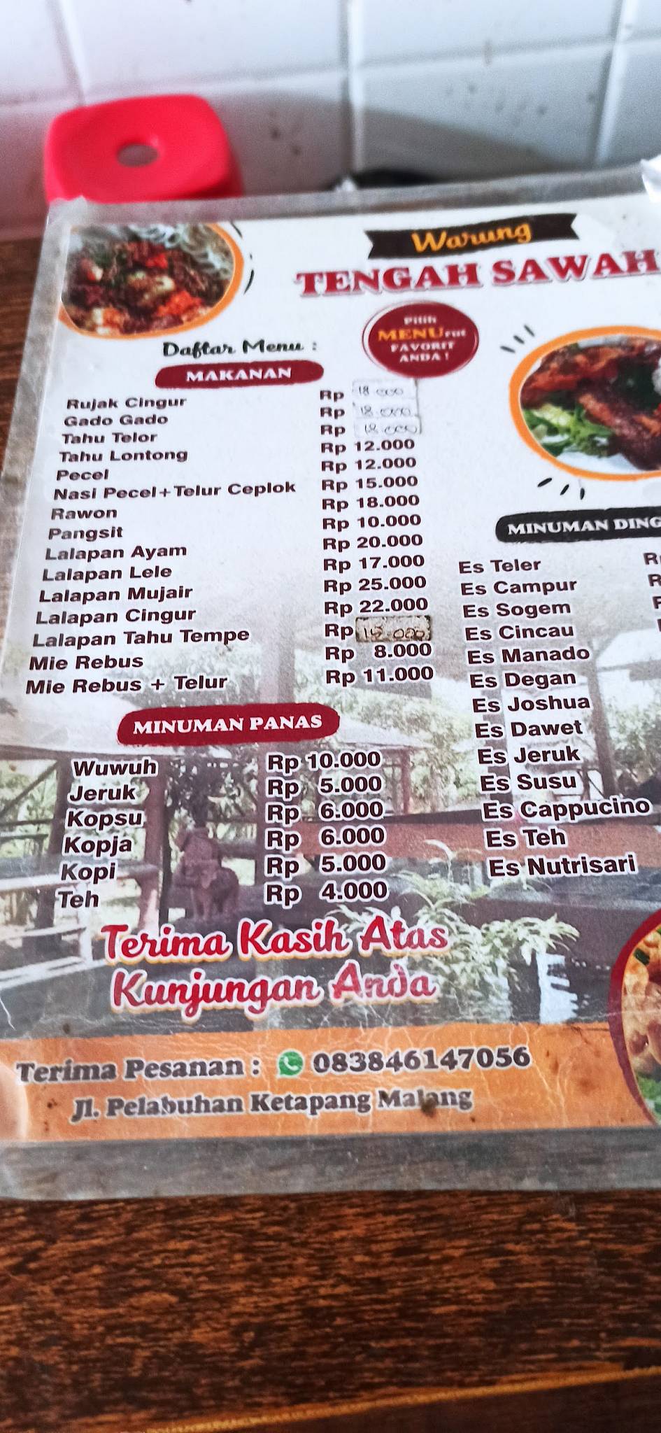 Menu at Warung Tengah Sawah restaurant, Malang, XJR6+3VV