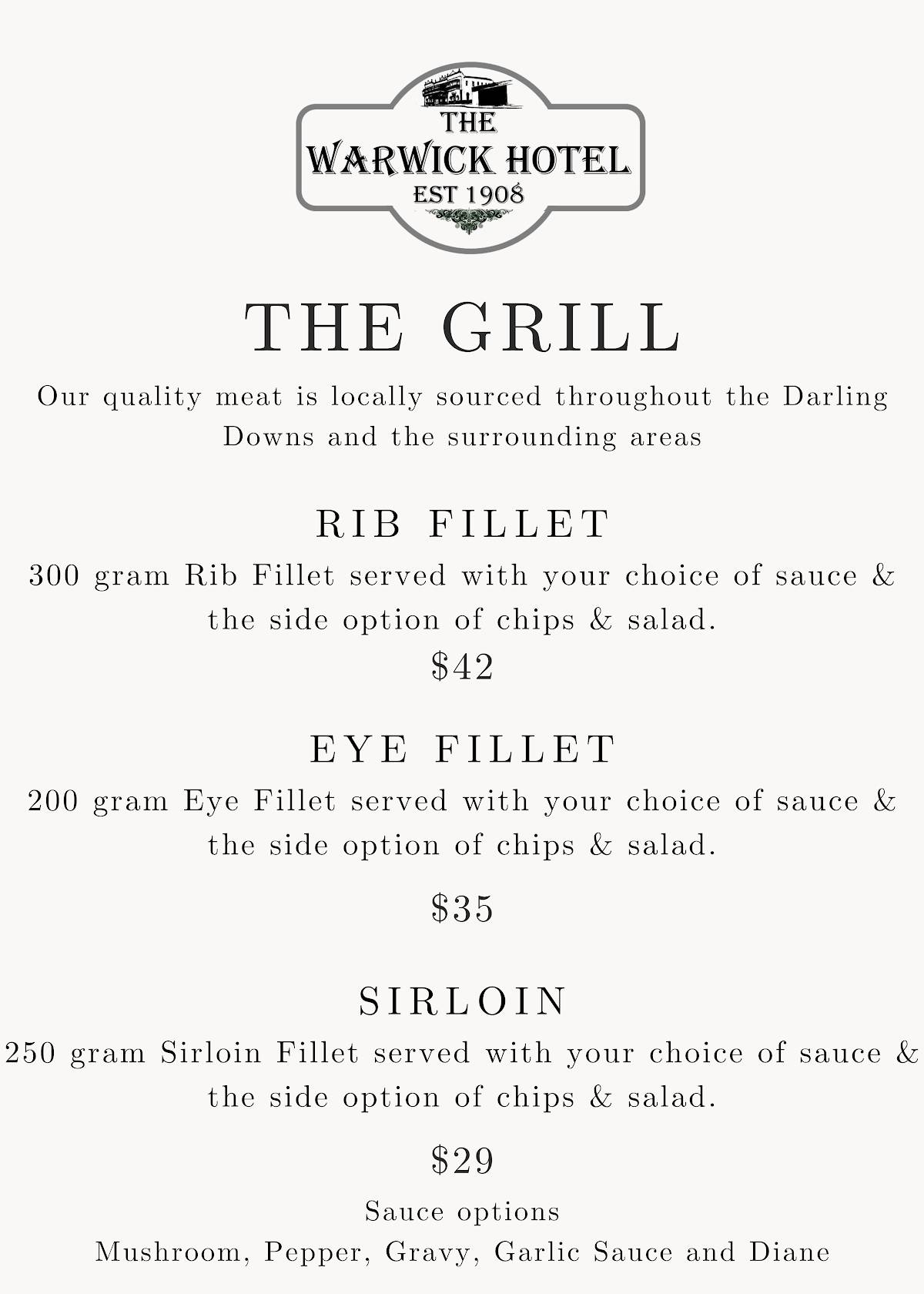 Menu at Warwick Hotel restaurant, Warwick