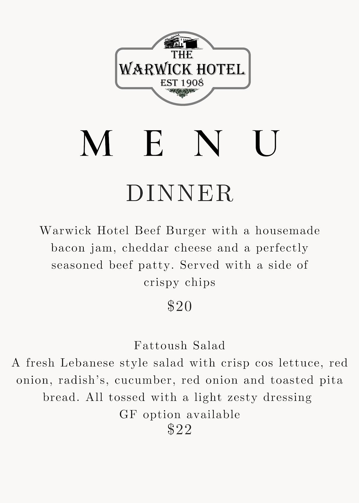 Menu at Warwick Hotel restaurant, Warwick