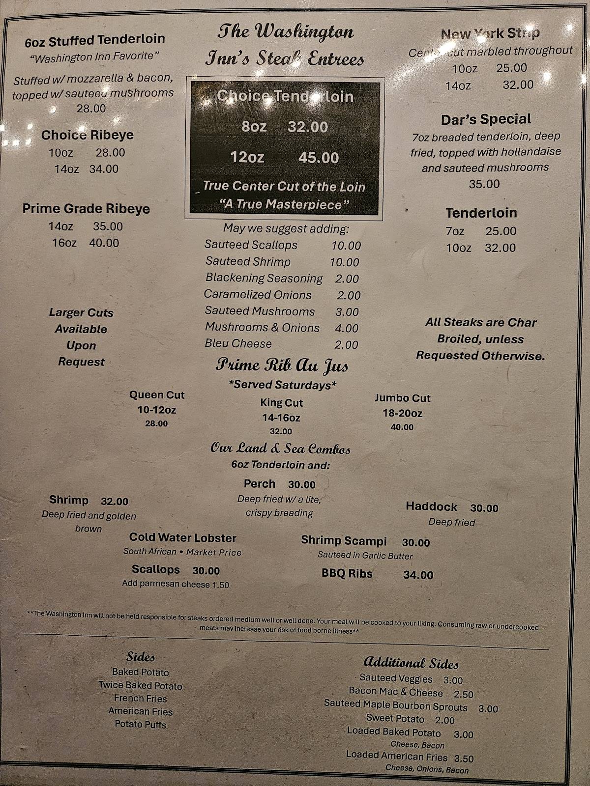 Menu at Washington Inn Supper Club, Cecil