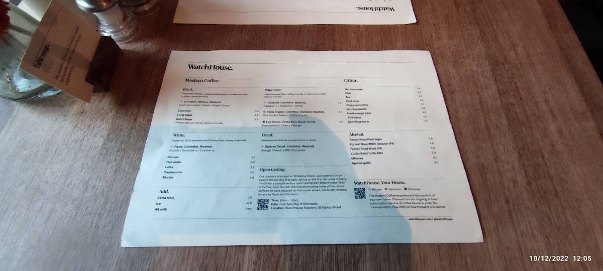 Menu at WatchHouse Tower Bridge cafe, London, 37 Shad Thames