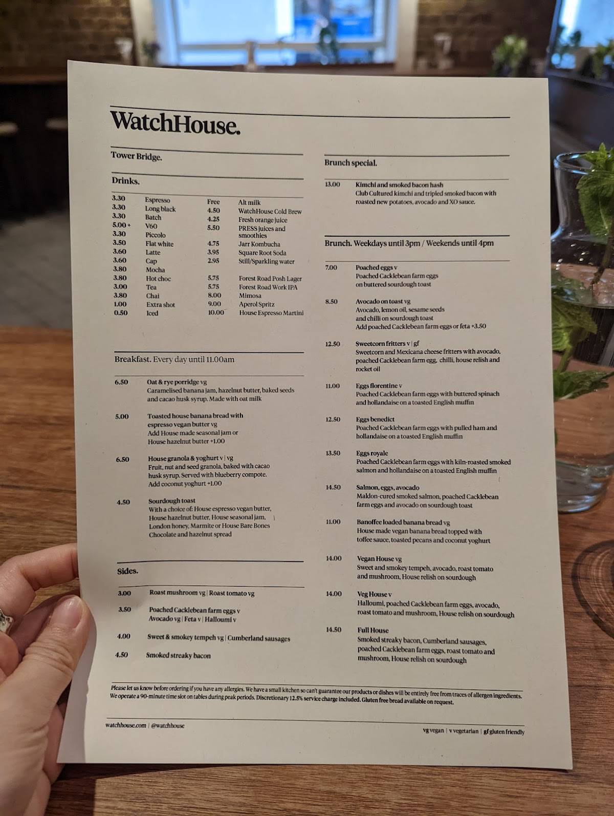 Menu at WatchHouse Tower Bridge cafe, London, 37 Shad Thames